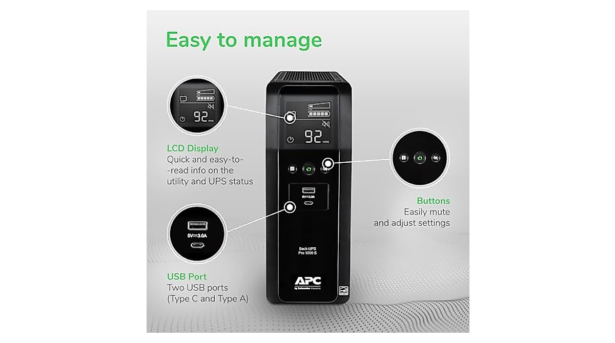 APC UPS 1000VA Sine Wave Backup with Surge Protection and USB Charging