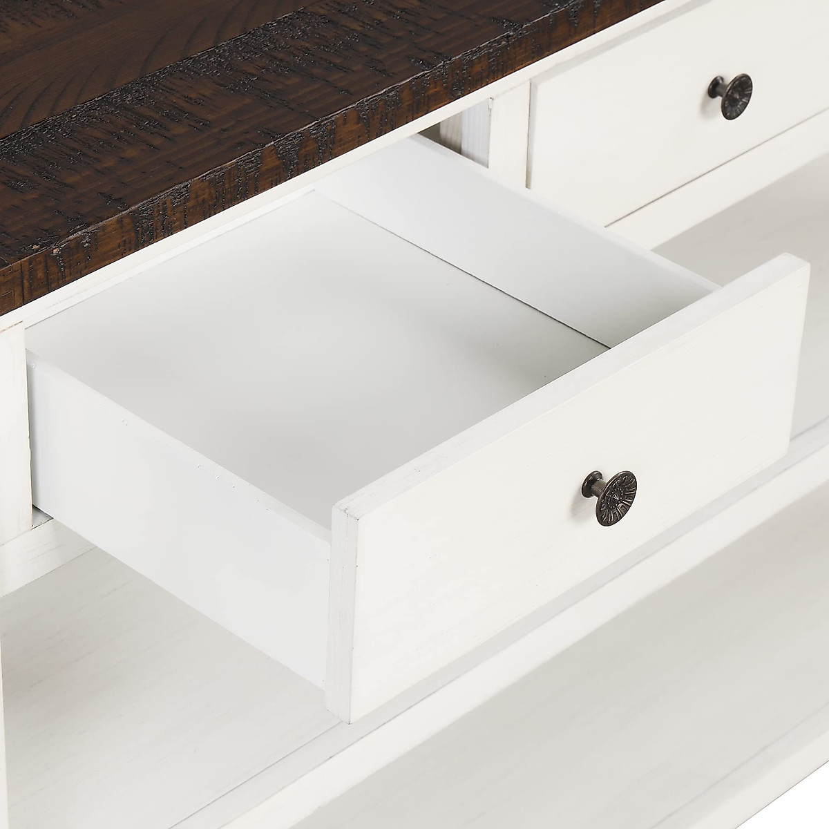 KLIECH Sofa 48''Solid Pine Wood Console, Modern SofaTable, Table with 3 Storage Drawers and 2 Shelves for Living Room Entryway Hallway Bedroom,Antique White+ Brown Top