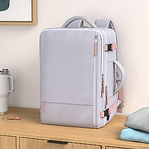 Hanples Extra Large Travel Backpack for Women as Person Item Flight Approved, Waterproof 40L Carry On Backpack, 17 Inch Laptop Backpack For Hiking Casual Bag (Gray Purple)