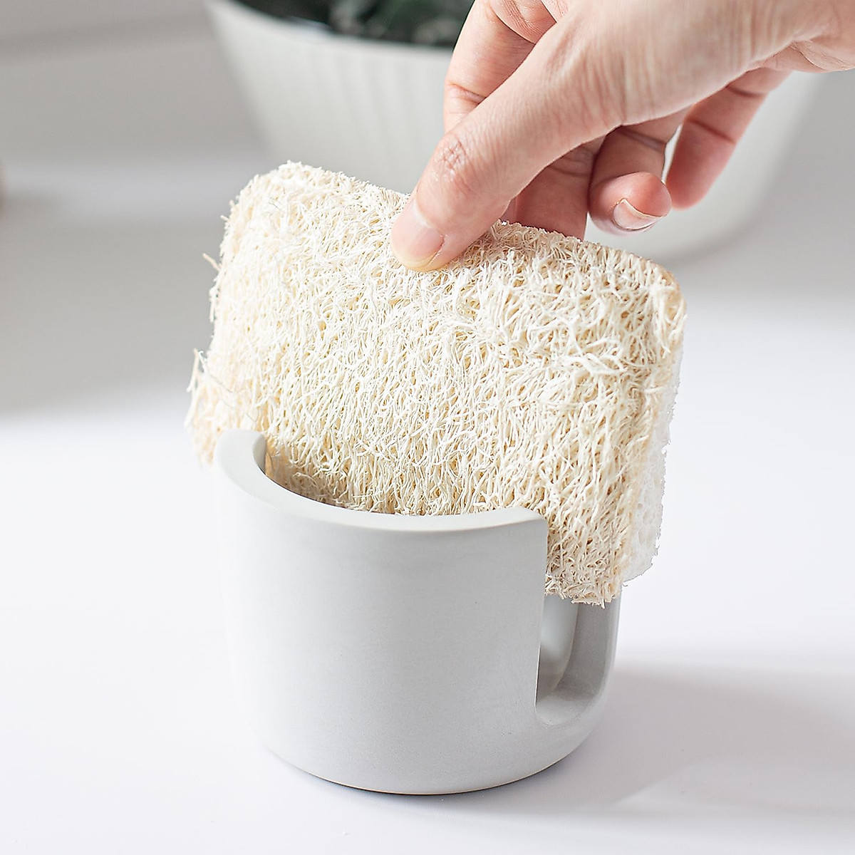 PENGARO Kitchen Sponge Holder for Sink, Diatomite Standing Dish Sponge Holder Cup, Ceramic Fast Drying Stone Sink Caddy Kitchen Sink Organizer for Kitchen Counter Decor Small Sink Caddy, Grey