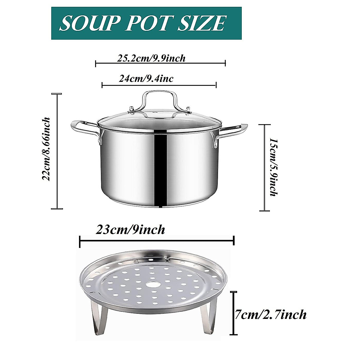 5-Quart Stainless Steel Stock Pot - Food Grade Stainless Steel Heavy Duty Induction - Stock Pot, Stew Pot, Steamer,Simmering Pot, Soup Pot with See-Through Lid, Dishwasher Safe (26cm)