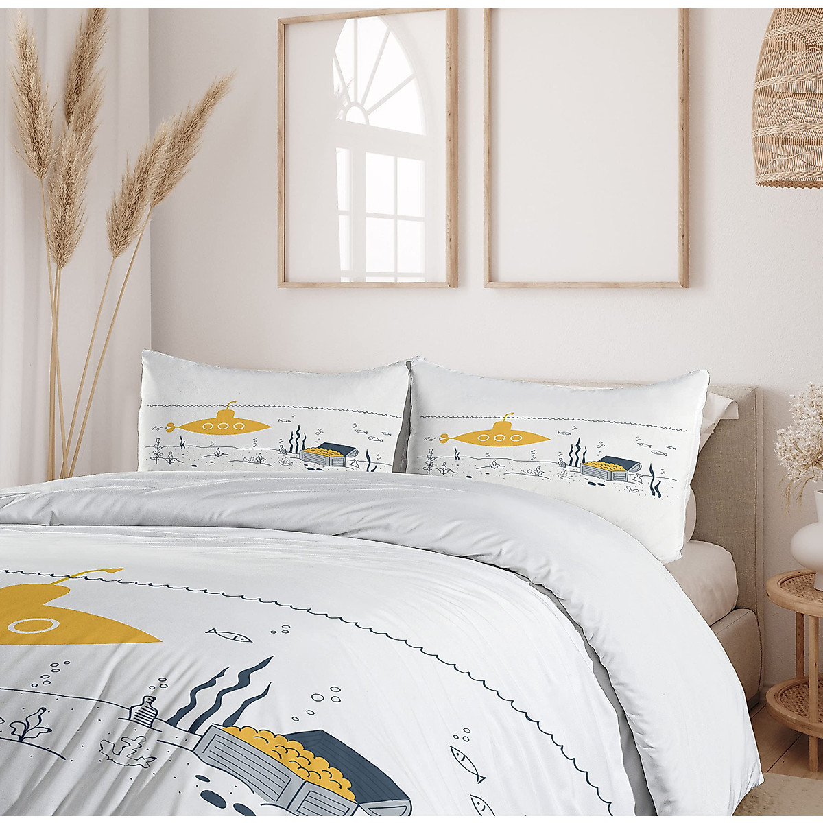 Ambesonne Yellow Submarine Duvet Cover Set, Submarine Fish and a Treasure Chest on The Sea Bottom Print, Decorative 3 Piece Bedding Set with 2 Pillow Shams, California King, White and Earth Yellow