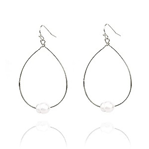 Pomina Lightweight Pearl Hoop Earrings, Gold Teardrop Pearl Dangle Drop Earrings for Women (Rhodium)