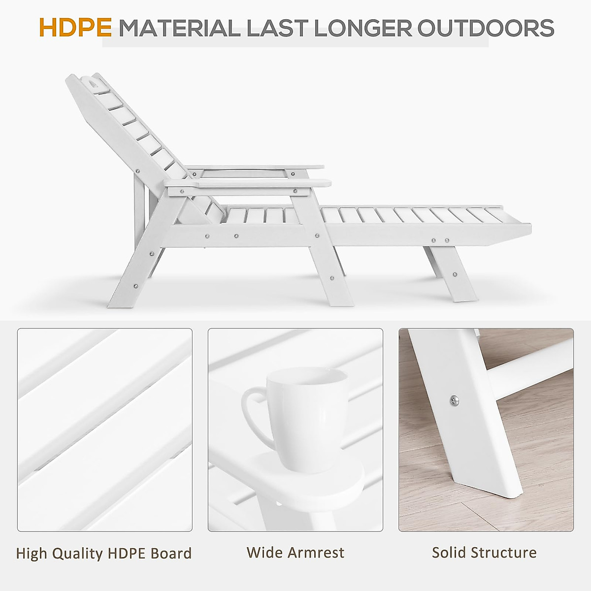 nalone Chaise Lounge Set of 2 Outdoor with 5-Position Adjustable Backrest, HDPE Lounge Chair for Outside Supports Up to 400 LBS, Pool Lounge Chairs for Patio Poolside Deck Beach Backyard(White)