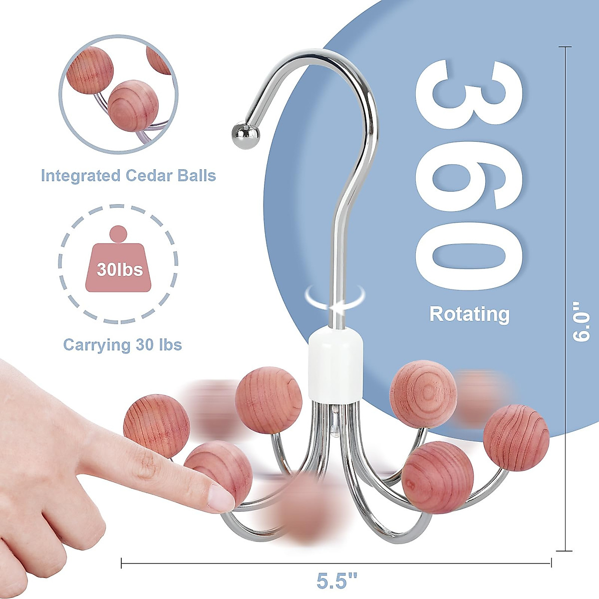 TOPIA HANGER Hoodie Hangers 2-Pack with 6 Cedar Balls, 360°Swivel Purse Hanger, Scarf Hanger, Closet Hooks, Handbag Organizer, Bra Hanger, Accessory Organizers for Scarf, Tanktop, Hat, Hoodie CT43C