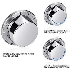 Kitchen Timer，Magnetic Kitchen Timer Kitchen Cooking Timer Clock with Bell Alarm Clock,No Battery Needed,100% Mechanical-Magnetic Backing, Exquisite Stainless Steel Body, Countdown Reminder, (Round)