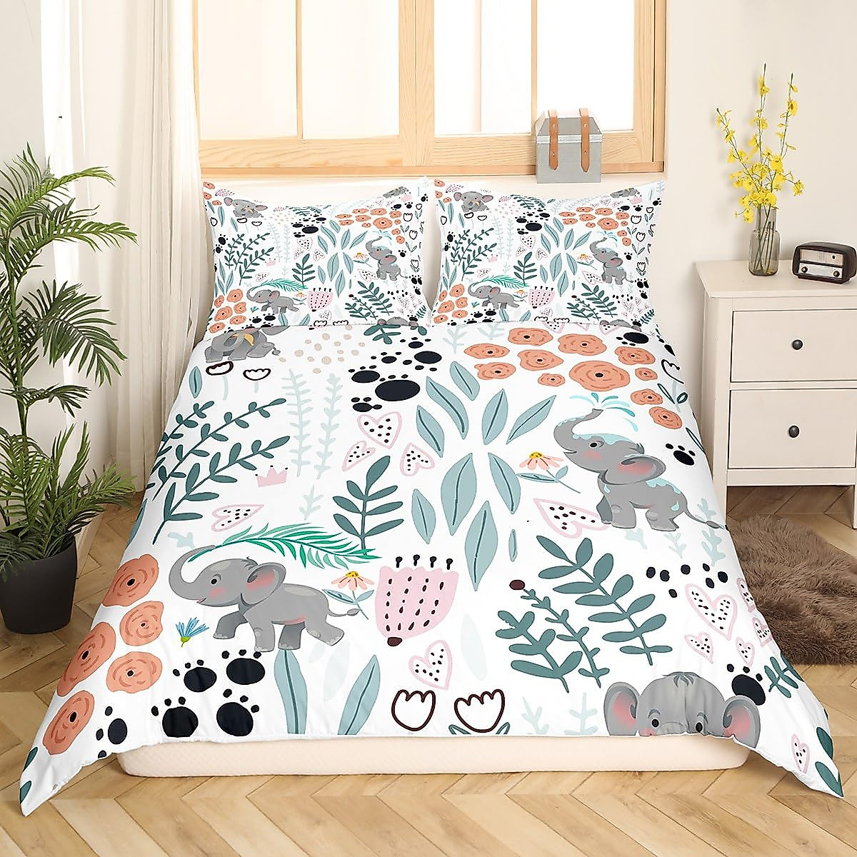 Erosebridal Kawaii Elephant Bedding Set,Cartoon Elephant Duvet Cover Twin,Cute Love Heart Leaf Flower Comforter Cover for Kids Girls Boys,Paw Print Animals Bed Set with 1 Pillow Case