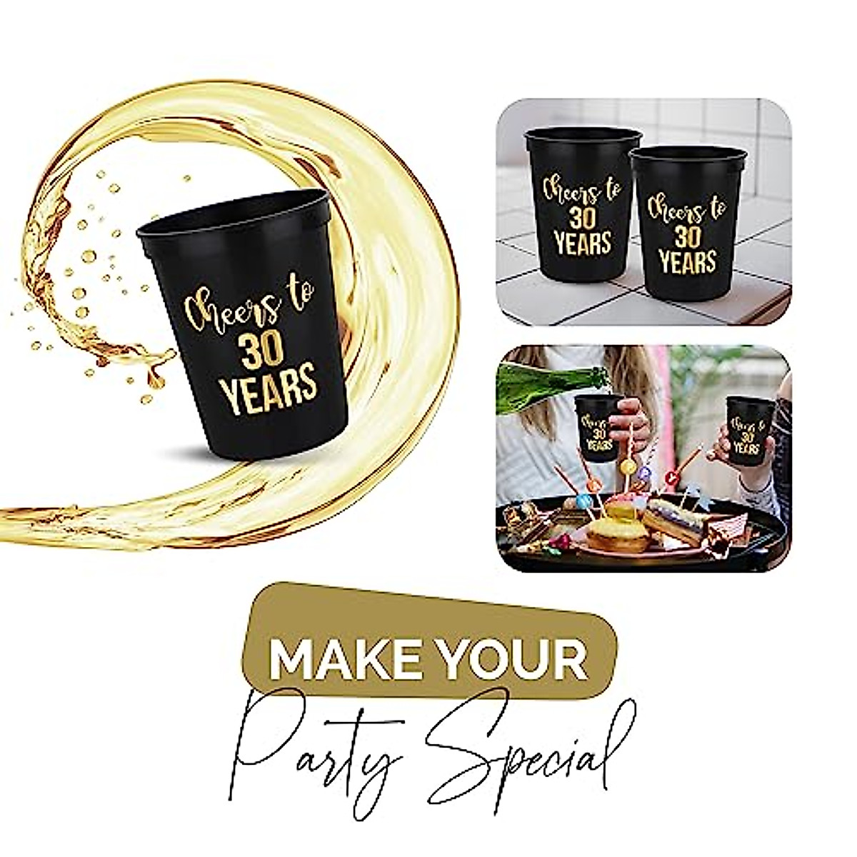 Cheers to 30 Years Cups, 30th Birthday Party Cups, Set of 12, 16oz Black and Gold Stadium 30th Birthday Cups, Perfect for Birthday Parties, Birthday Decorations