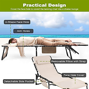 NUU GARDEN Folding Oxford Chaise Lounge Chair, Patio Tanning Chair with Face Hole Adjustable 5-Position Folding Chaise Lounge Chairs, Reclining Lounge Chair with Pillow for Beach, Patio, Pool, Khaki