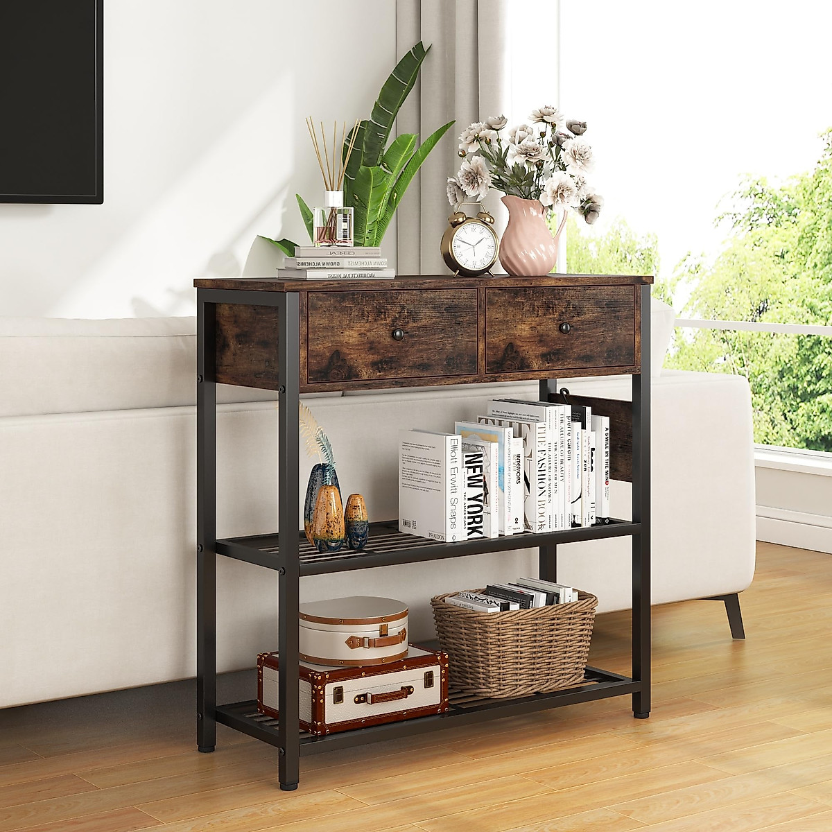 Rustic Industrial Console Table, Sofa Table ，Narrow Side Table with 2 Fabric Drawers, Small Entrance Table with 3 Storage Shelves, Side Table for Living Room, Hallway（31.5，Brown and Black）