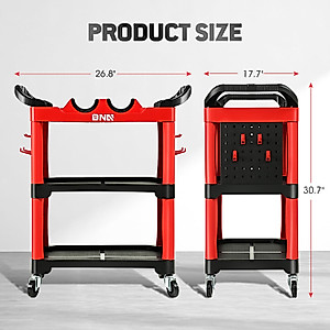 DNA MOTORING 3-Level Heavy Duty Composite Workshop Trolley 120 kg / 260 Lbs Capacity Cart Side Portable On Wheels w/Pegboard for Garage Warehouse Workshop Use, Black/Red, TOOLS-00429