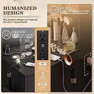 Furmax Make up Vanity Desk with Mirror and Power Outlet, Vanity with 3 Color Light Options Adjustable Brightness,Vanity Desk with 2 Drawers, 6 Storage Shelves (Black, with Bench)