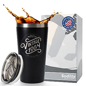Sodilly Coffee Tumbler - Vintage 1963 Design - Ideal for 60th Birthday Celebrations - Perfect 60th Birthday Gifts for Men - Excellent for Sixty Birthday Decorations Men - 16 oz Black Coffee Tumbler
