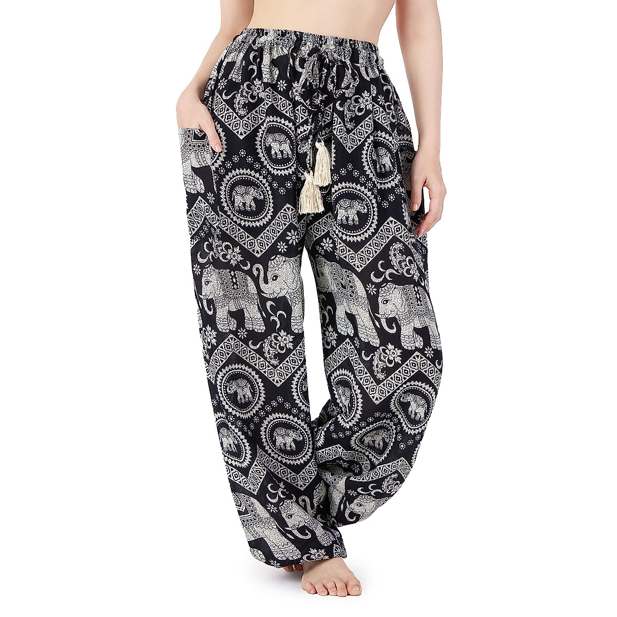 Lannaclothesdesign Women's Elephant Hippie Boho Yoga Harem Pants (XXL, Black)