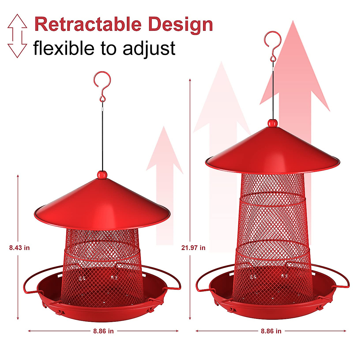Gaprass Bird Feeder, 3 Tier Retractable Metal Bird Feeders for Outside Hanging, 6.6 Lbs Large Capacity with 3 Perches, Squirrel-Proof Bird Feeder for 360°Feeding Area for Wild Birds (Red)