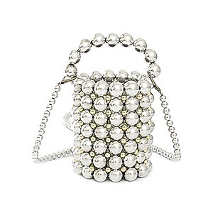 YIFEI Women Metaillic Colored Beaded Acrylic Handmade Bucket Bag with Detachable Chain (Sliver)