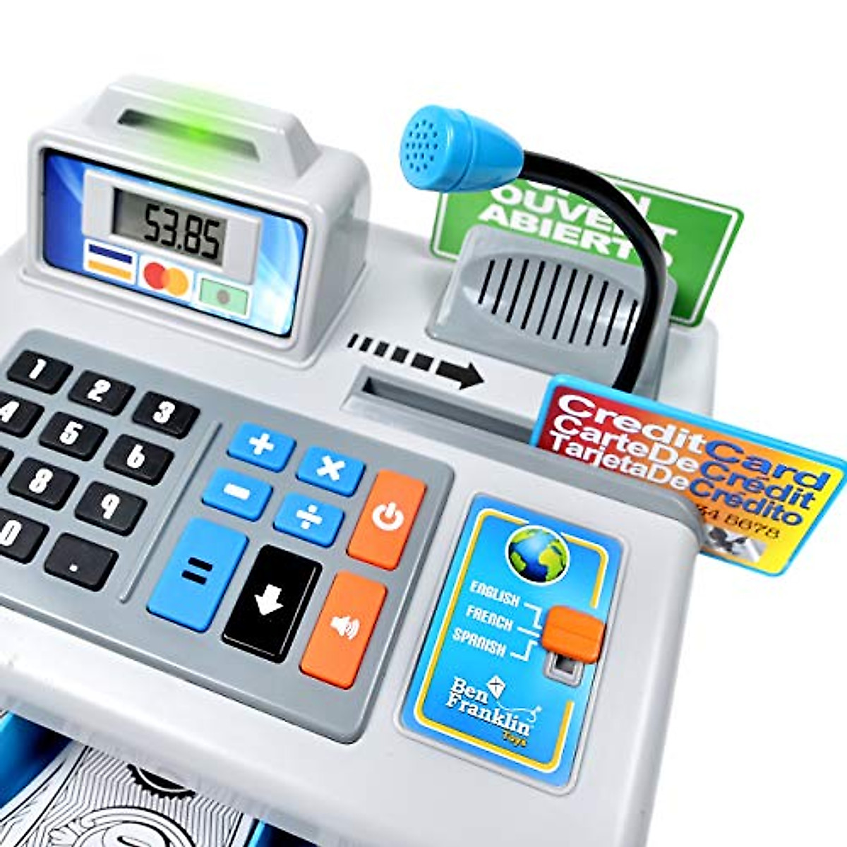 Dr. STEM Toys | Talking Toy Cash Register | STEM Learning 69 Piece Pretend Store with 3 Languages, Paging Microphone, Credit Card, Bank Card, Play Money and Banking for Kids, Silver