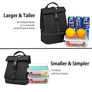 SUNNY BIRD Small Insulated Rolltop Lunch Box Women, Expandable Bento Cooler Bag Reusable for Adult Men (Black, Medium)