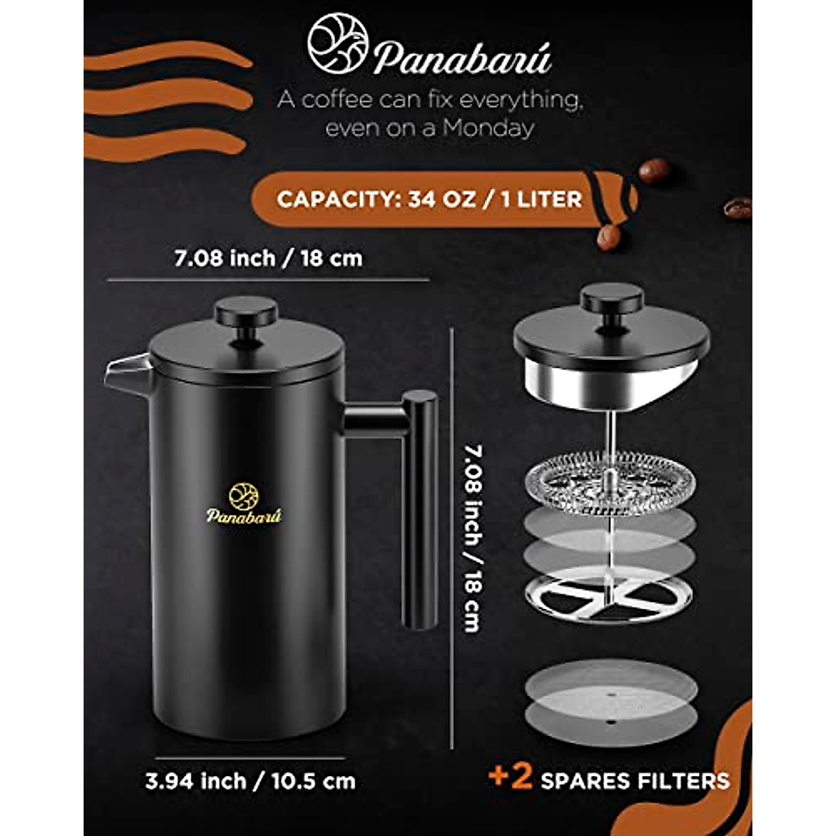 Panabaru French Press Coffee Maker 34oz Double-Wall Insulated Stainless Steel replacement filter included Tea Espresso and cold brew