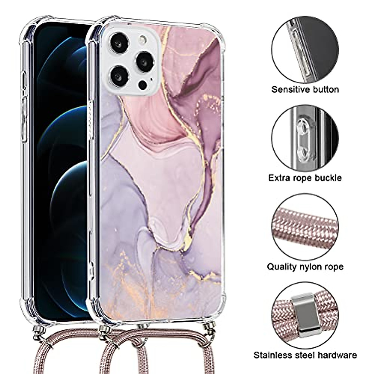 Eouine Crossbody Case for iPhone 12 Mini [5.4"] Painted iPhone 12 Mini Case with Neck Cord Lanyard Strap Pink [Hard Backplane] Anti-Scratch Transparent Silicone TPU Adjustable Necklace Strap Cover