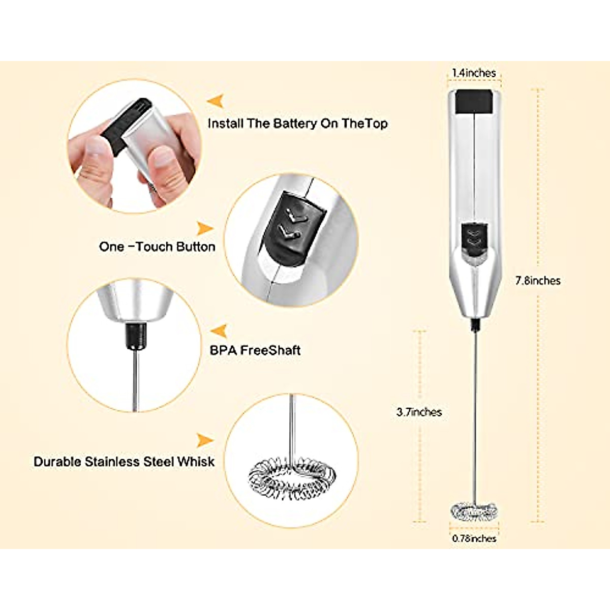 YHT Milk Frother Handheld, Electric Battery Operated Coffee Whisk, Stainless Steel Drink Frappe Mixer, Original Foam Maker, Mini Low Noise Blender for Cappuccino Hot Chocolate Matcha Latte