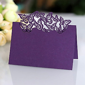 50PCS Paper Table Cards Place Cards Name Cards Hollow Out Butterfly Table Setting Folded Cards for Holiday Celebration Banquet Desk Wall Furniture Invitation Wedding Decoration (Dark Purple)