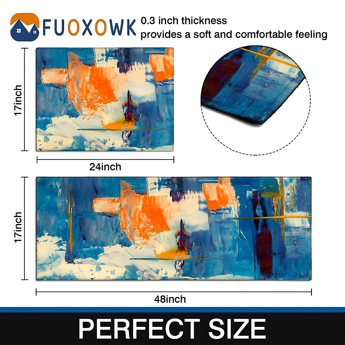 Fuoxowk Turquoise Teal Modern Abstract Kitchen Rug Set,Blue Orange Artistic Painting Decorative Runner Rugs with Rubber Backing,Throw Rugs Washable for Kitchen Sink,Laundry Room,Standing Desk,Boho