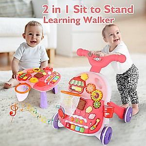 Eners Sit to Stand Baby Learning Walker with Wheels, Baby Activity Walker, 2 in 1 Baby Push Walkers and Activity Center, Walker for Baby Boy Girl (Pink)