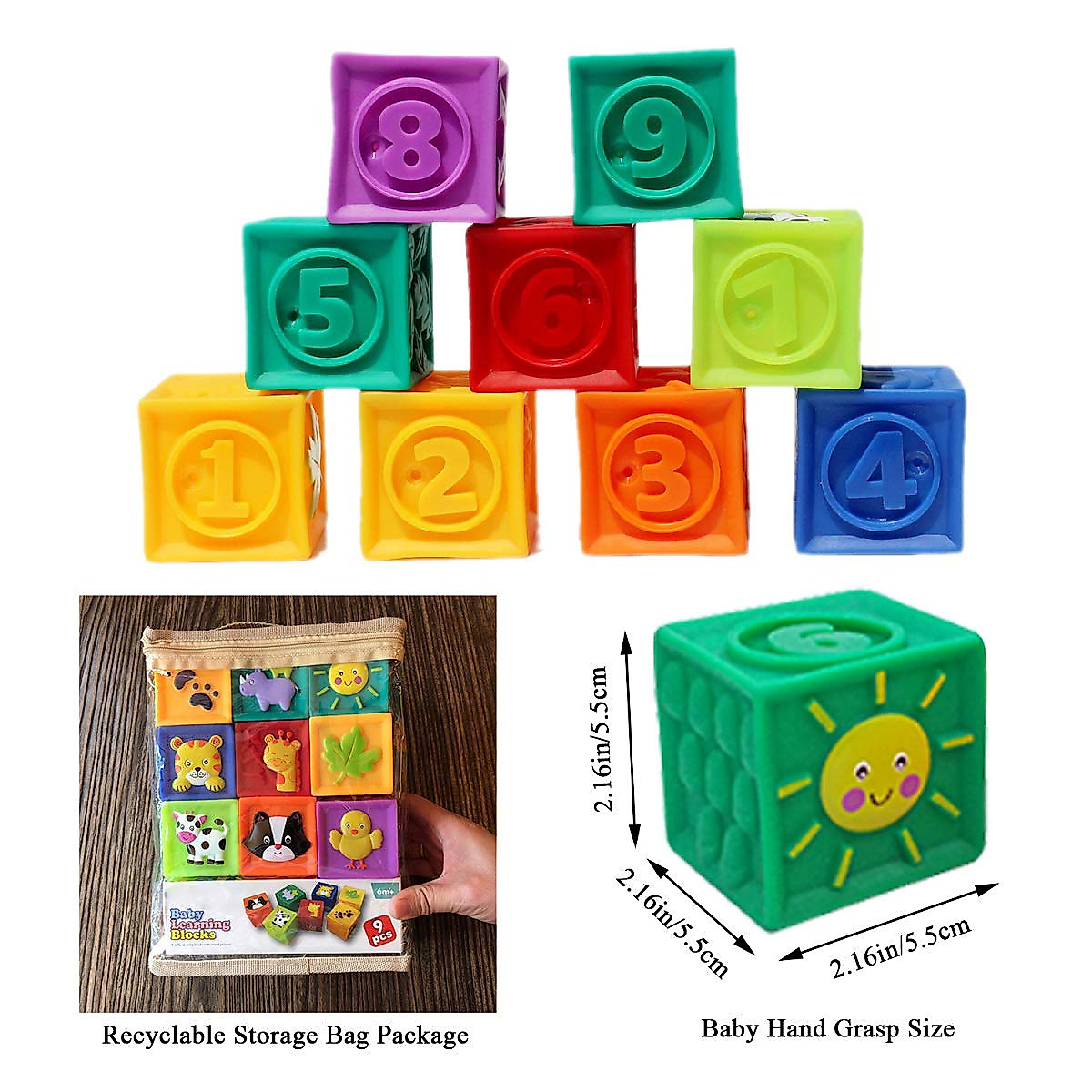 Kingtree Baby Blocks, 9PCS Soft Squeeze Building Blocks Stacking Toys for 6+ Months Babies, Baby Teething Chewing Educational Blocks Set with Numbers Animals Shapes Textures