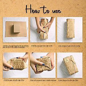 Happy Birthday Wrapping Paper For Boys Men Adults Women Kids Girls,Gift Wrapping Paper Recycled Kraft,19.7 x 27.6 inches Per Flat Sheet (12 sheets: 45 sq. ft. ttl.)With Jute Strings, Stickers,Tapes and Bows for Birthday Celebrate Occasions