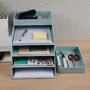 4 Tier Stackable Letter Tray File Organizer, Desktop Document File Tray Paper Sorter Organizer, Blue A4 Paper Organizer Tray for Home, Office, School