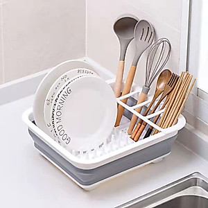 Dish Drainer Collapsible Dish Rack Drainer Foldable & Portable Dish & Cutlery Organizer Space Saving Kitchen Accessory for Inside Camper & Travel Trailers, White Gray