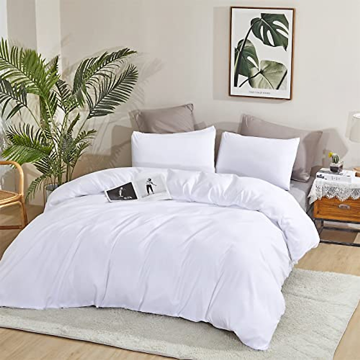 Wellboo White Comforter Sets Queen Plain White Bedding Comforters Cotton Solid White Bed Quilts Queen Size Cozy Women Men All White Minimalist Bedding Full Adults Teens Pure White Durable Blankets