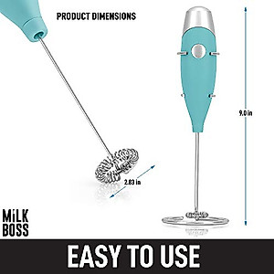 Milk Boss Mighty Milk Frother Handheld Whisk Mixer - Coffee Frother Electric Handheld Foam Maker & Frother For Coffee - Portable Electric Whisk With 16-Piece Stencils For Lattes, Matcha (Smooth Teal)…