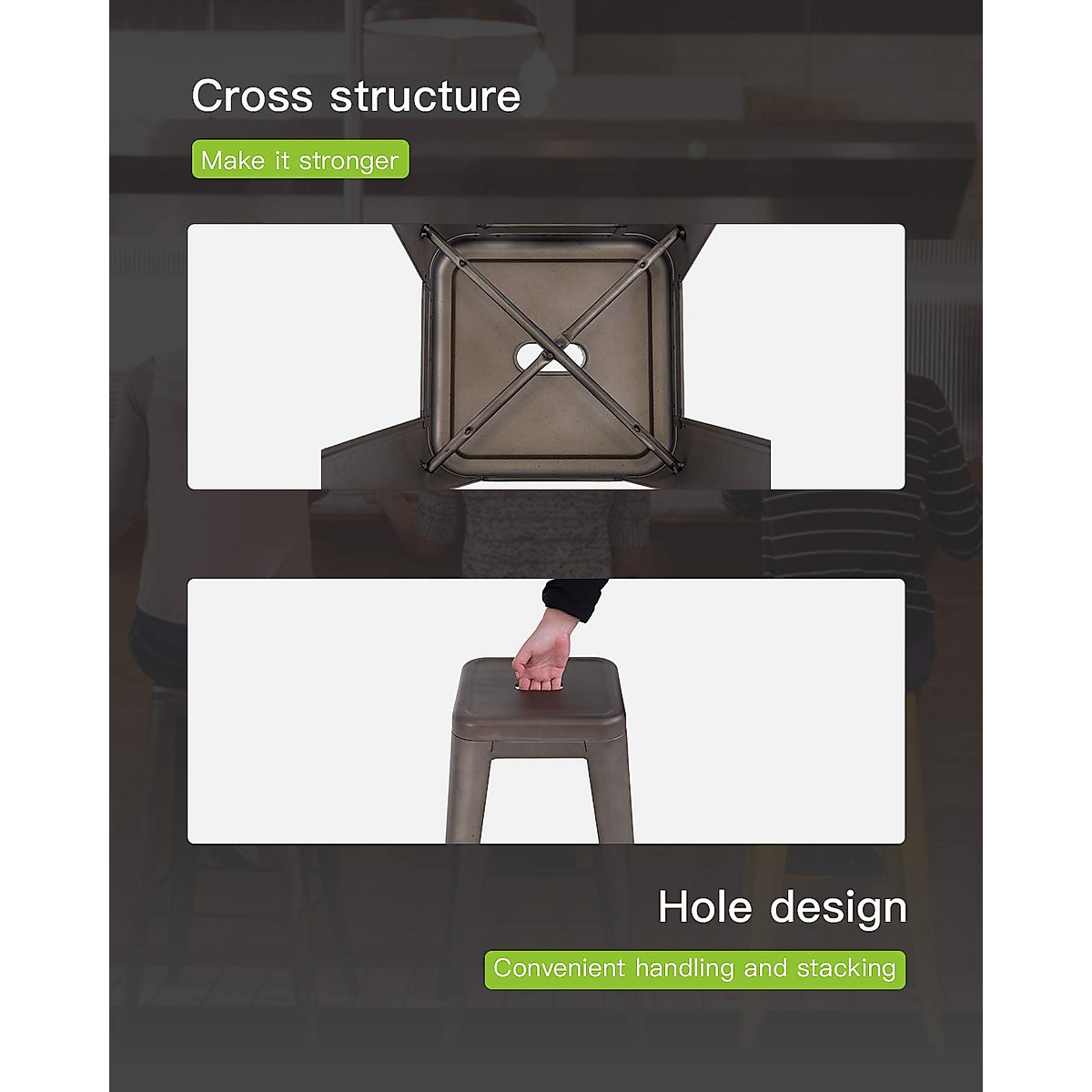 FDW Set of 4 Metal Bar Stools 24 Inches Counter Barstools Indoor/Outdoor Stackable Modern Metal Bar Stools Kitchen Counter Stools Chairs (Gun)