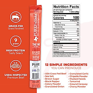 PureProSTICKS - 24 pack of Low Sugar 100% Grass Fed Beef Sticks - Original Flavor Mild - Delicious Gluten Free Beef Snack - High Protein Keto & Paleo Friendly - 24 Beef Sticks