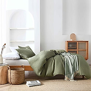 Moonline Duvet Cover Set,Textured Waffle Weave Olive Green Sage Duvet Cover King Size,Soft and Breathable Duvet Cover with Corner Ties (King, Olive Green)