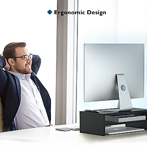 Monitor Stand Riser, 2 Tiers Wood Monitor Riser Stand with Storage Organizer, Desktop Ergonomic Monitor Stand Riser with Cellphone Holder and Cable Management, 16.5 Inch Shelf Black
