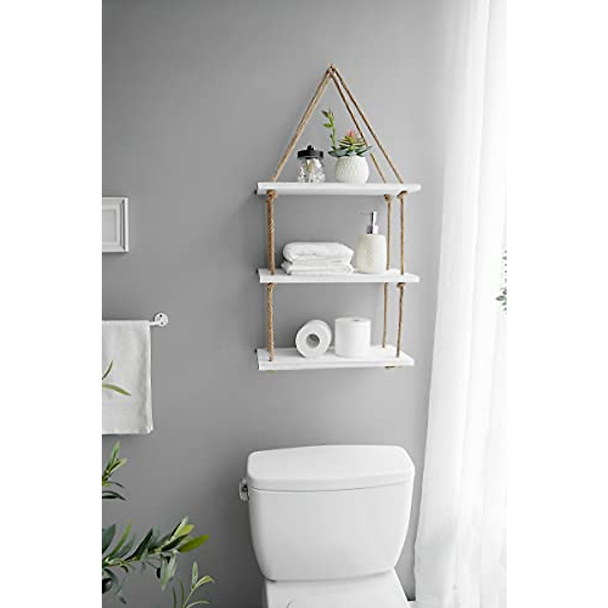 Mkono Hanging Shelves 3 Tier White Wood Wall Mount Floating Shelf with Rope Boho Decor for Living Room Bathroom Bedroom Kitchen Apartment - Rustic Wood Decorative Storage Shelf