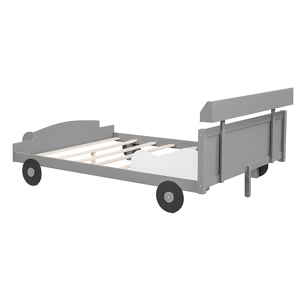 CITYLIGHT Full Size Car Beds for Boys, Full Bed Frame with with Storage Shelf, Wooden Kids Car Full Bed for Boys with Wheels for Child's Bedroom,Grey