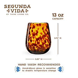 Segunda Vida Tortuga Tortoise Shell colored Stemless Wine Glasses Set - Hand Blown Colorful Wine Glasses - Amber 100% Recycled Glassware Made in Mexico, 13oz, Set of 2