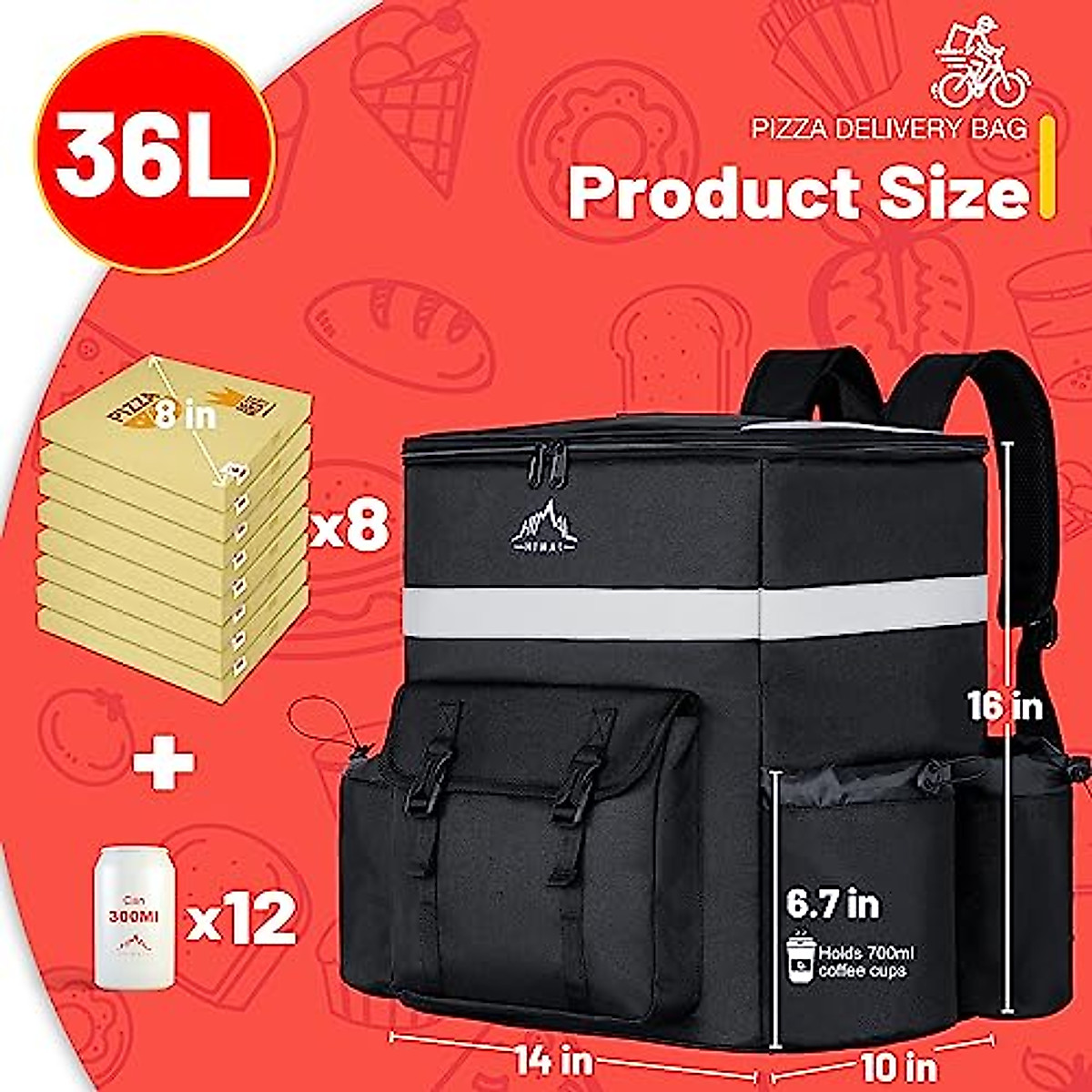 GoHimal Food Delivery Backpack, insulated delivery bags for Delivery Bike, Large Pizza Delivery Bag for HOT/COLD with 4 Pockets Reflective Strip for Uber Eat,Camping & Beach (Black)
