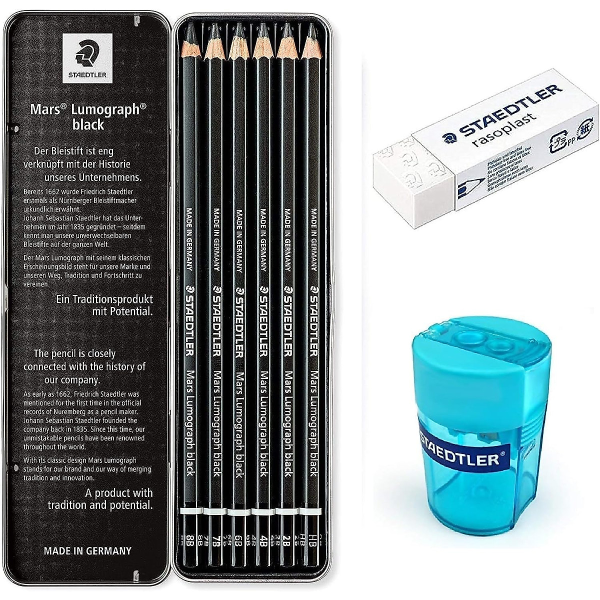 Staedtler Mars Lumograph Black Artist Wooden Lead Pencil - Box of 6 (8B 7B 6B 4B 2B HB) in Metal Box- with Tub 2-Hole Sharpener and Free Eraser