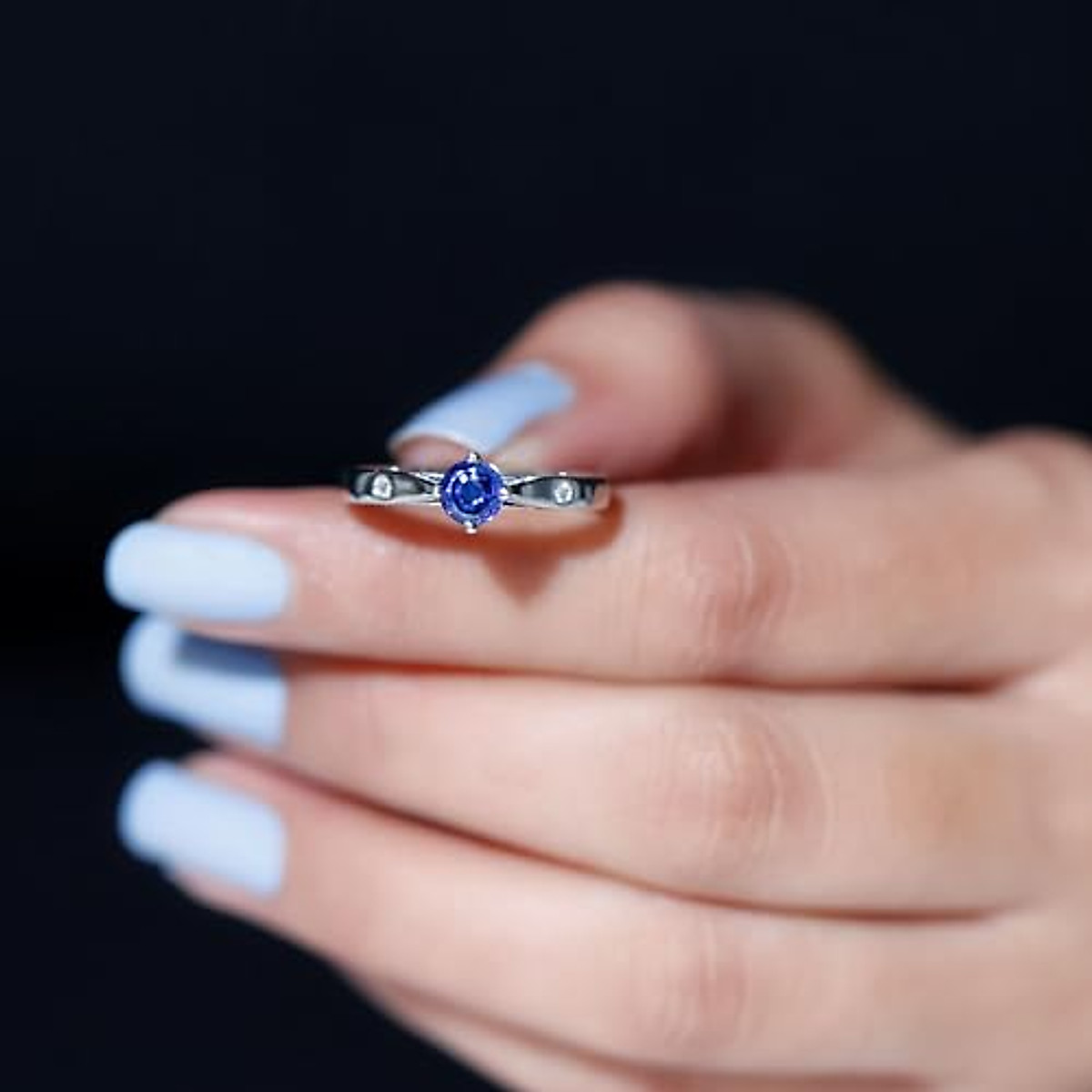 Rosec Jewels Certified Lab Grown Blue Sapphire Promise Ring, AAAA Quality, Sapphire Diamond Solitaire Ring - Ready To Gift, 14K White Gold, Size:US 6.50