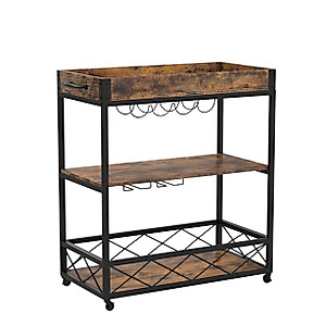 YITAHOME Industrial Bar Carts for The Home, Mobile Serving Cart on Wheels with Removable Wood Top Container, 3-Tier Kitchen Cart with Wine Rack Glasses Holder, Rustic Brown