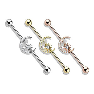 Pierced Owl CZ Crystal Paved Crescent Moon and Star Stainless Steel Industrial Barbell (Silver Tone)