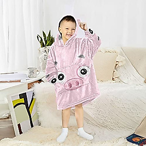 Kigai Happy Pig Wearable Blanket Hoodie,Double-Layer Flannel Soft Warm Sweatshirt Blanket for Men Women Kids