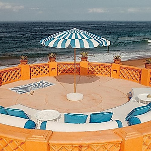 Business & Pleasure Co. Amalfi Umbrella - 7.2' Boho Beach Umbrella - Large & Sturdy Yet Lightweight - UPF 50+ UV-Resistant Canvas, Classic Spiral Blue