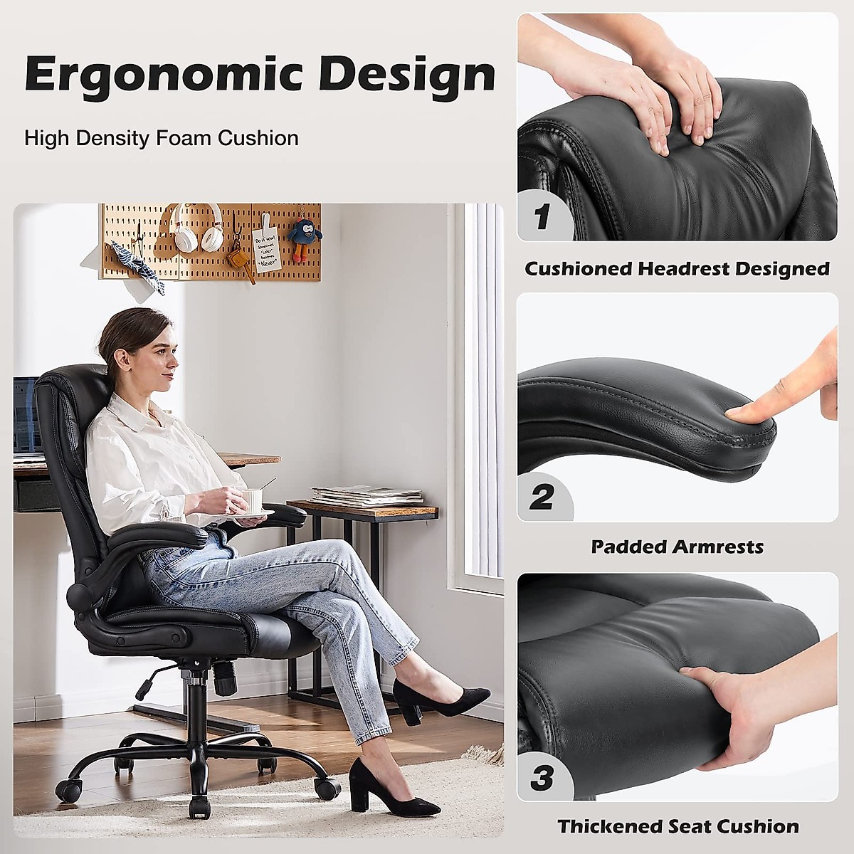 Office Chair - Ergonomic Executive Computer Desk Chairs with Adjustable Flip-up Armrest, Swivel Task Chair with Lumbar Support, Strong Metal Base, PU Leather, Black