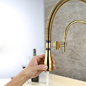 KunMai Single Handle High Arc Swiveling Dual-Mode Pull-Down Sprayer Kitchen Sink Faucet with Porcelain Handle in Polished Gold,Lead-Free Solid Brass Pre Rinse Faucet